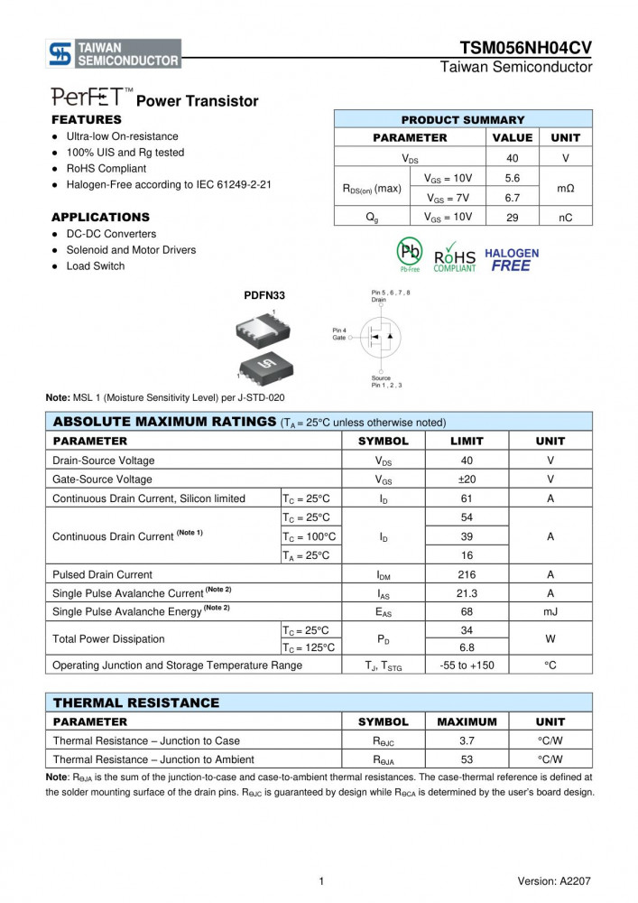 TSM056NH04CV datasheet page 1