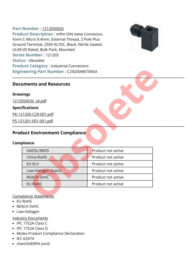 Molex DIN valve connector product specification page 1