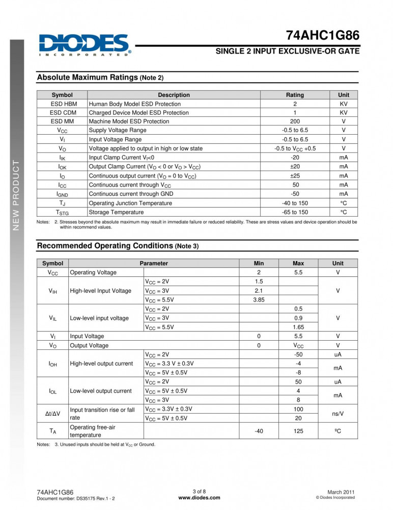 74AHC1G86W5-7 datasheet page 3