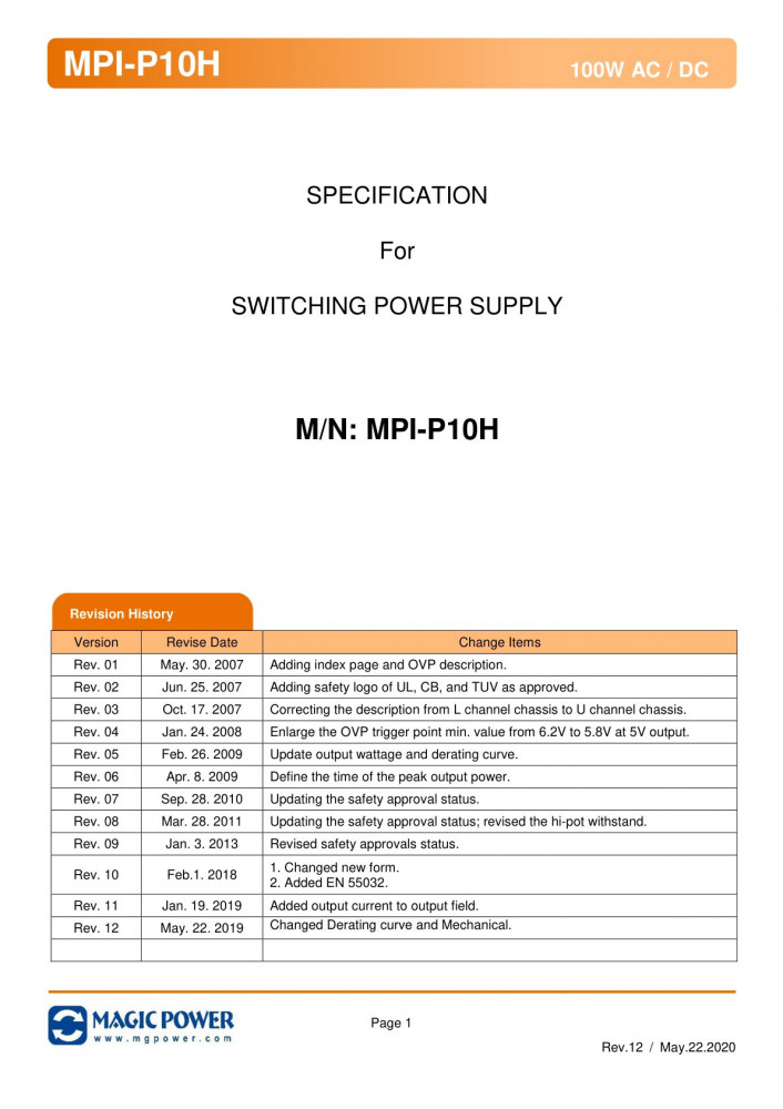 MPI-P10H specification, page 1