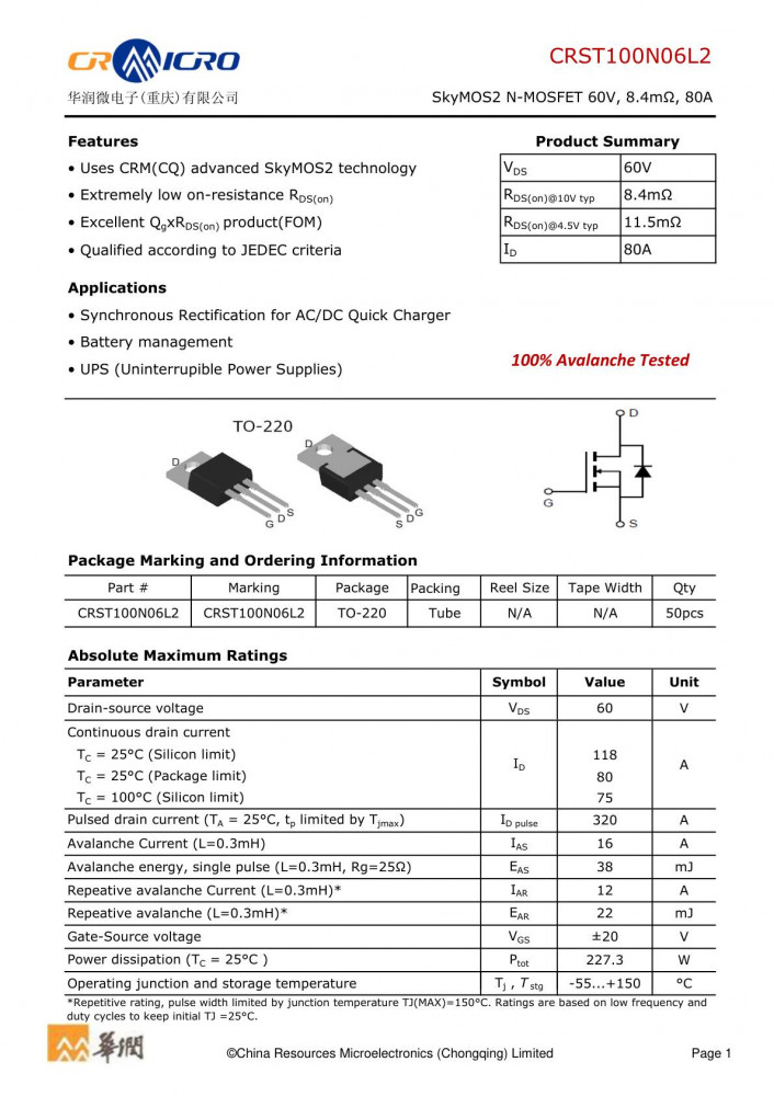 CRST100N06L2 datasheet page 1
