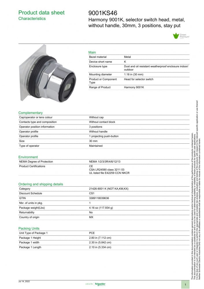 9001KS46 technical document page 1