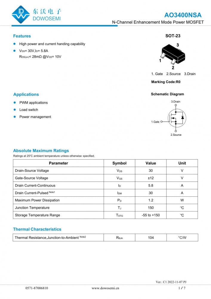 AO3400NSA datasheet page 1