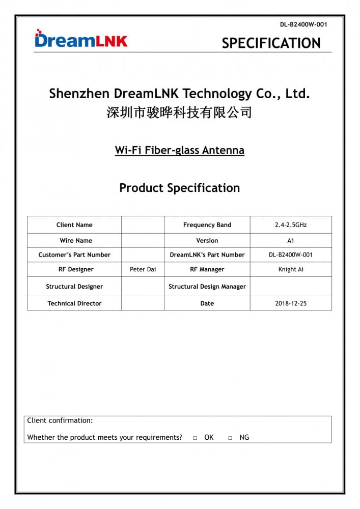 DL-B2400W-001 specification page 1