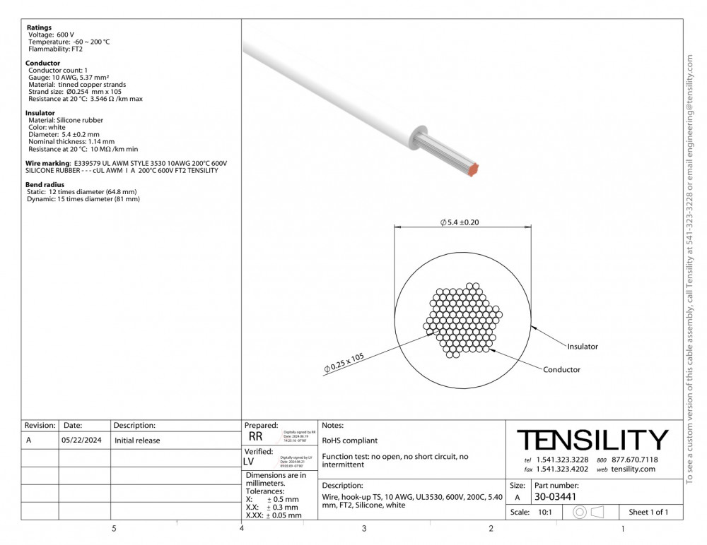 Product drawing for Tensility International 30-03441 wire