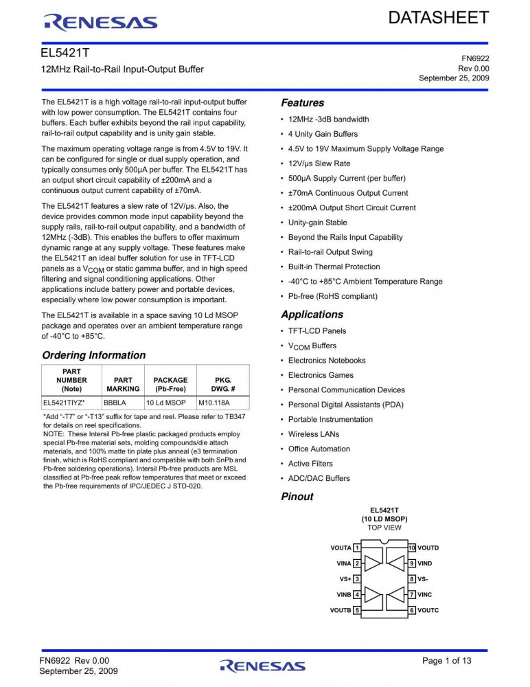 EL5421T datasheet page 1