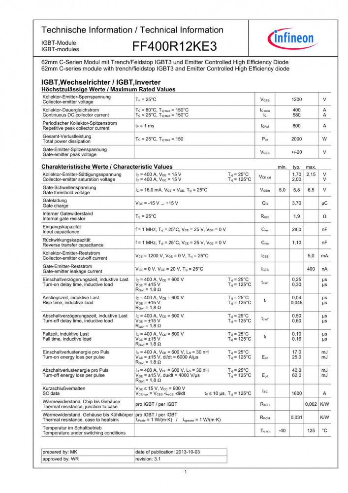 FF400R12KE3 technical document page 1
