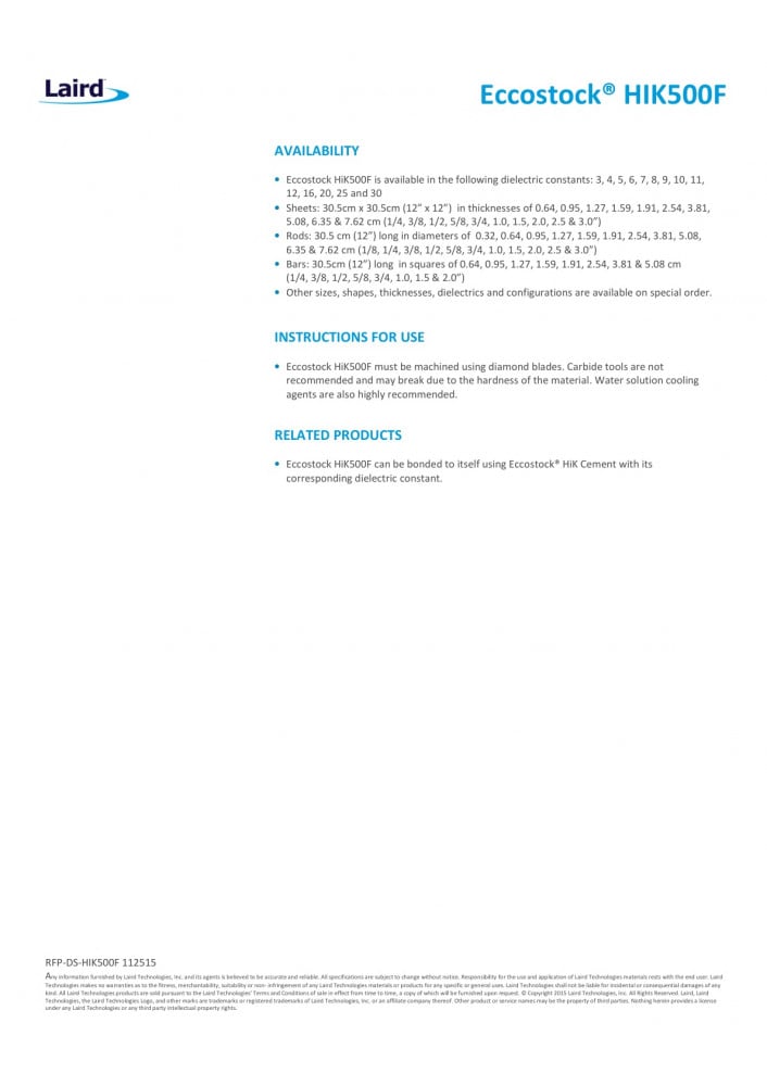Laird Eccostock HiK500F technical document page 2