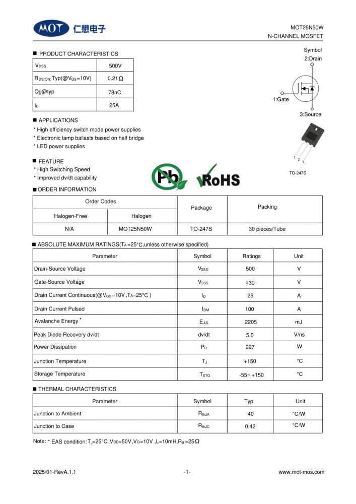 MOT25N50W datasheet page 1