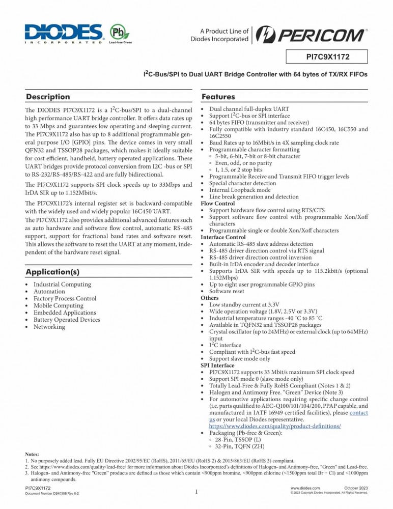 PI7C9X1172 document page 1