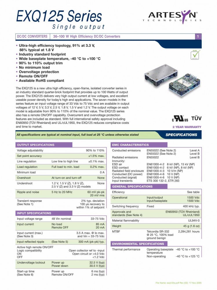 Artesyn EXQ125 datasheet page 1