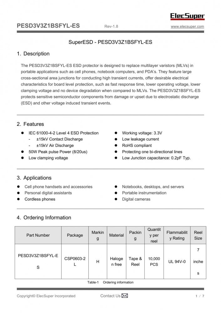 PESD3V3Z1BSFYL-ES datasheet page 1