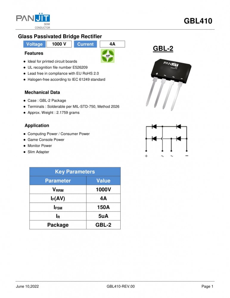 GBL410 datasheet page 1