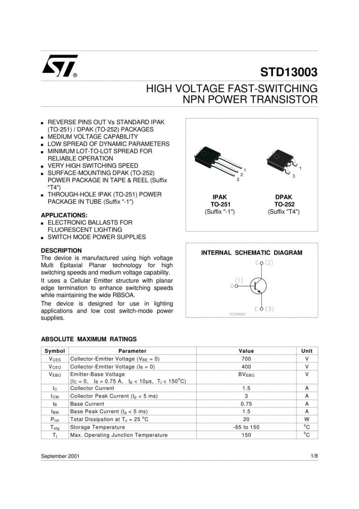 STD13003T4 datasheet page 1