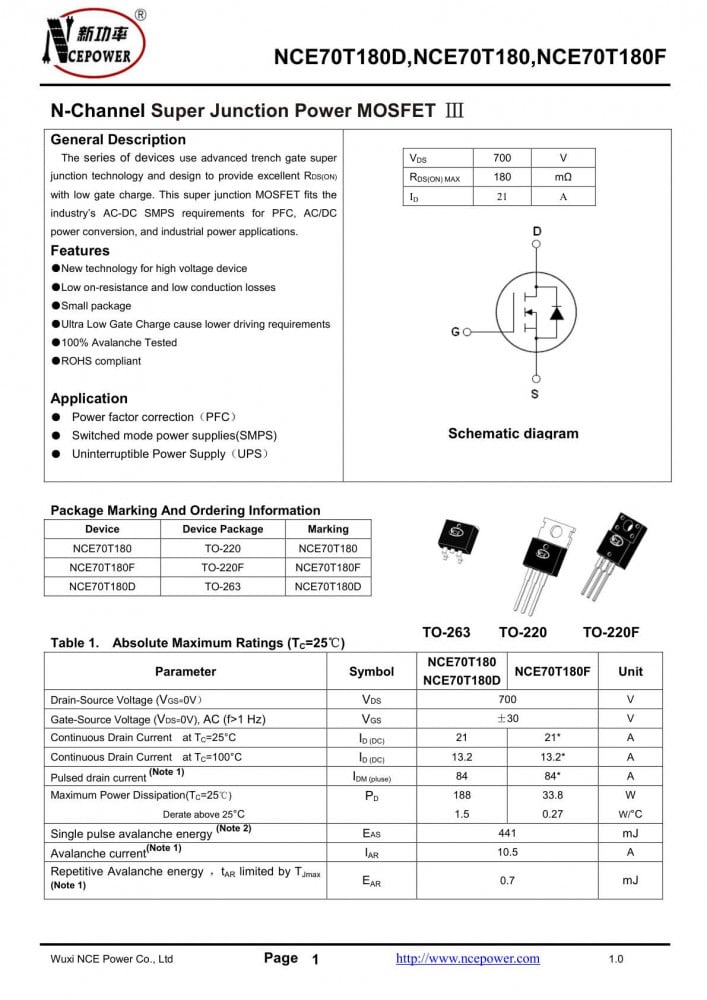 NCE70T180F datasheet page 1