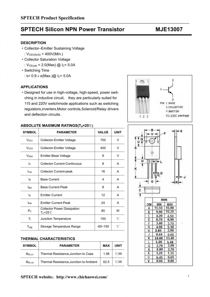SPTECH MJE13007 datasheet page 1