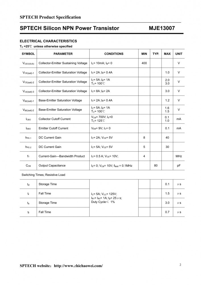 SPTECH MJE13007 datasheet page 2