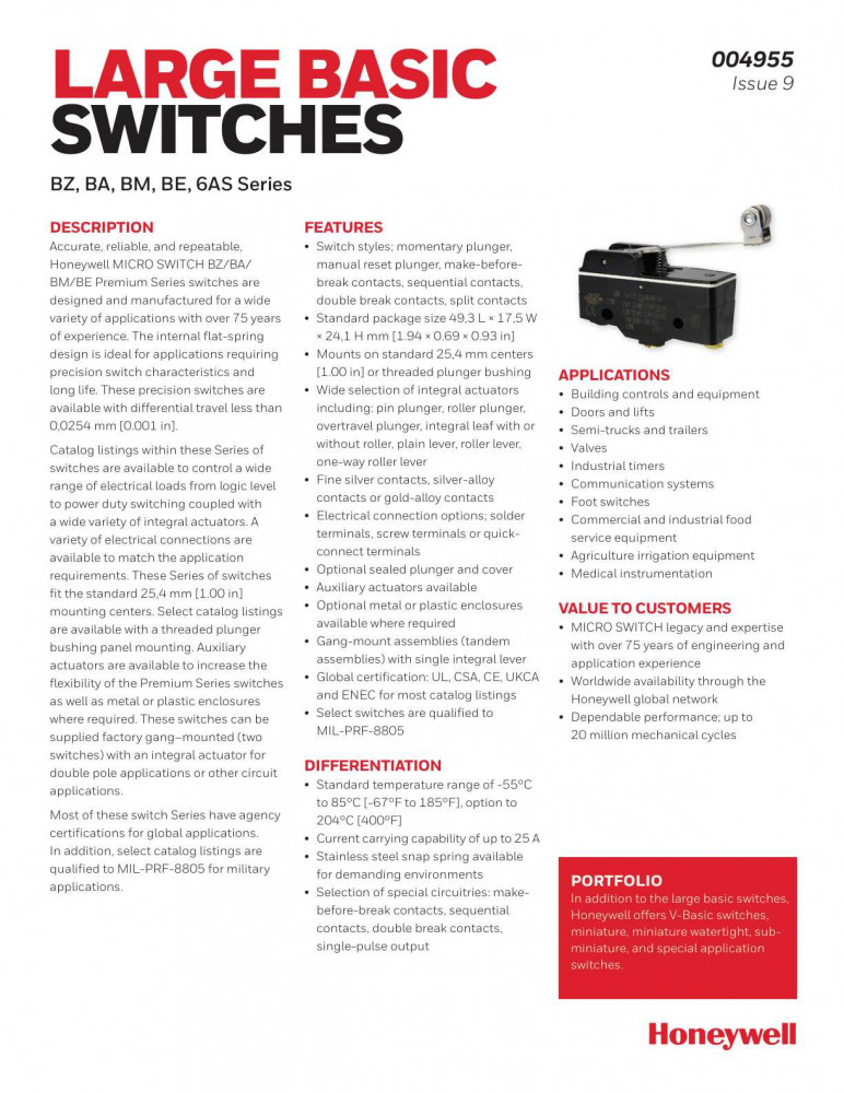 Honeywell BZ series datasheet page 1