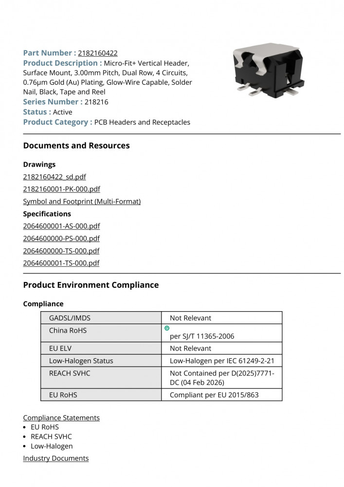 Technical document page 1 for Molex 2182160422