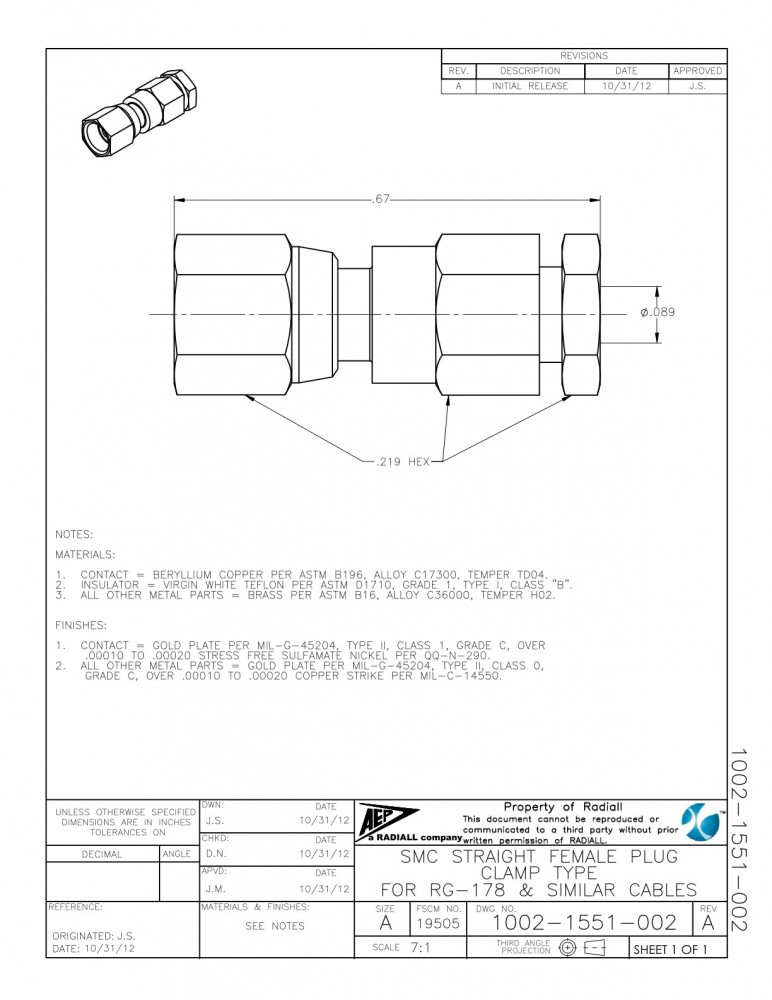 Radiall 1002-1551-002 SMC straight female plug drawing