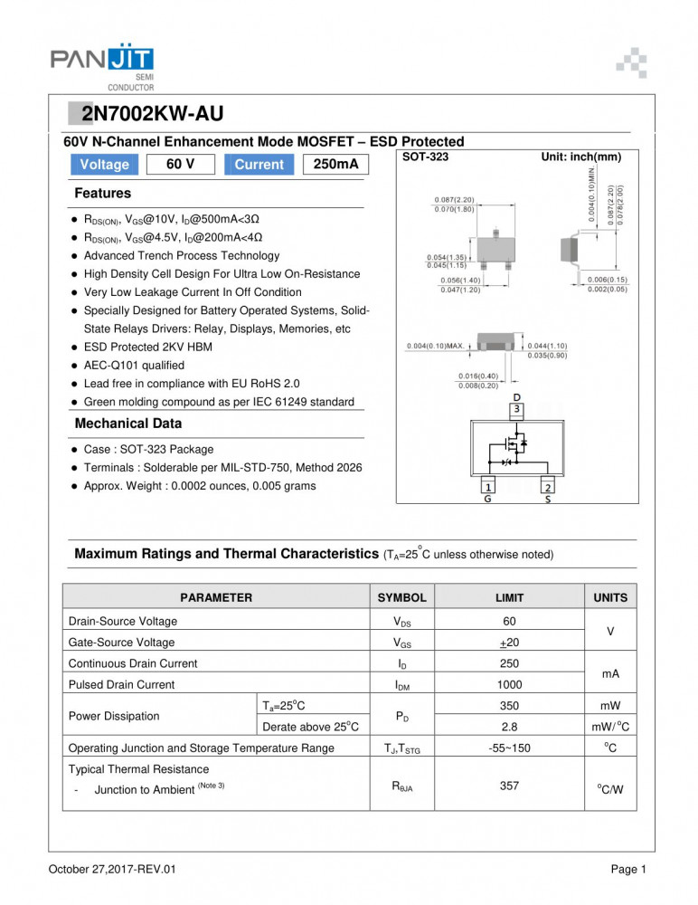 2N7002KW-AU datasheet page 1