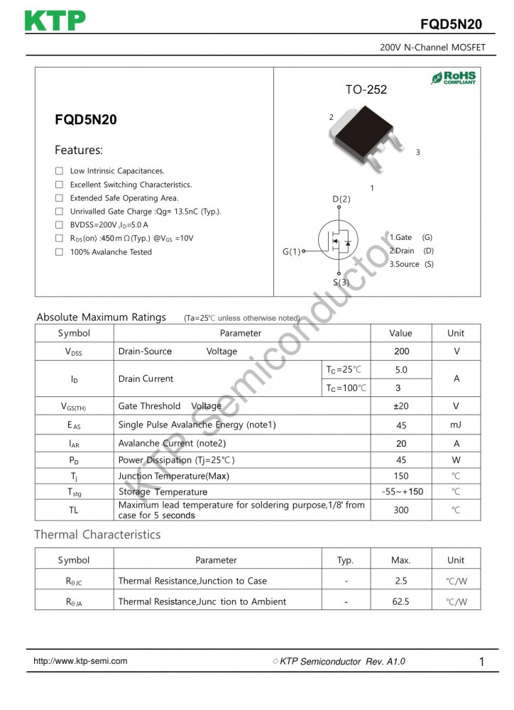 FQD5N20 datasheet page 1