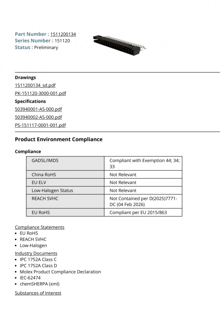 MOLEX 1511200134 technical document preview, page 1