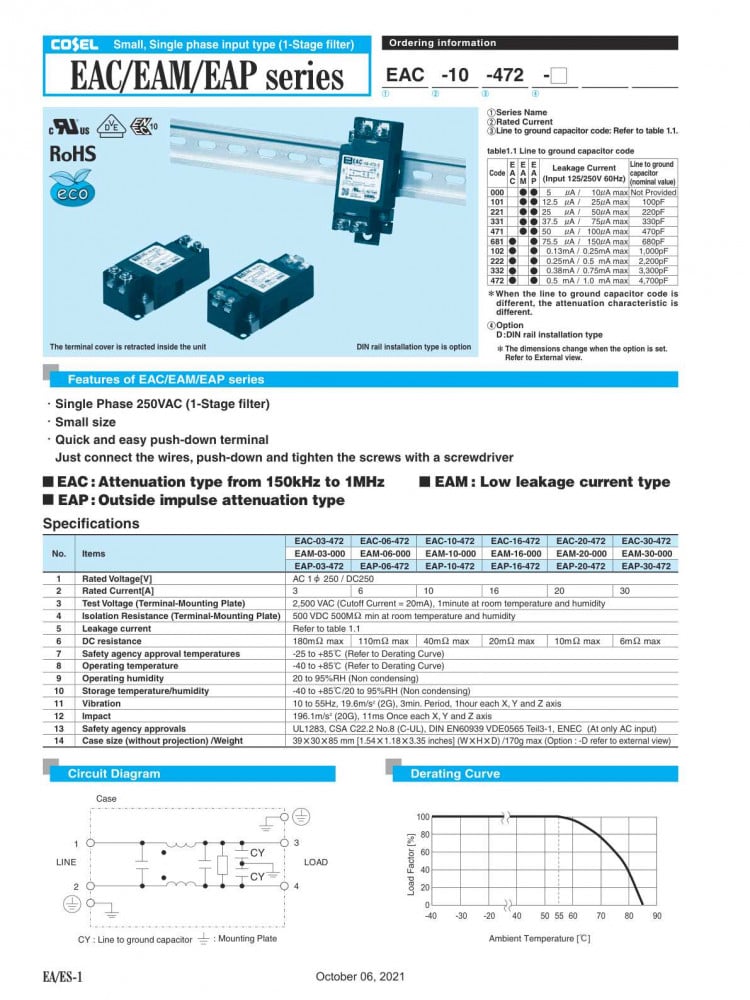 Cosel EAP series specification page