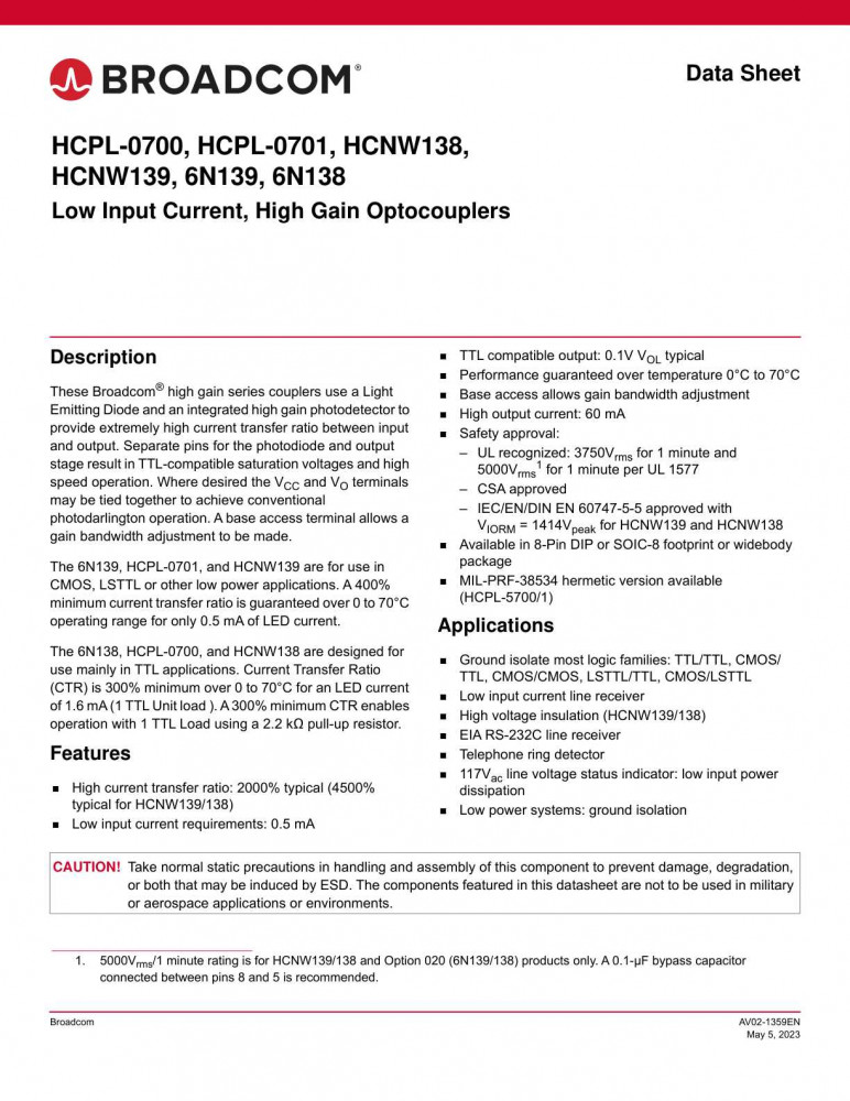 HCPL-0700 family datasheet page 1