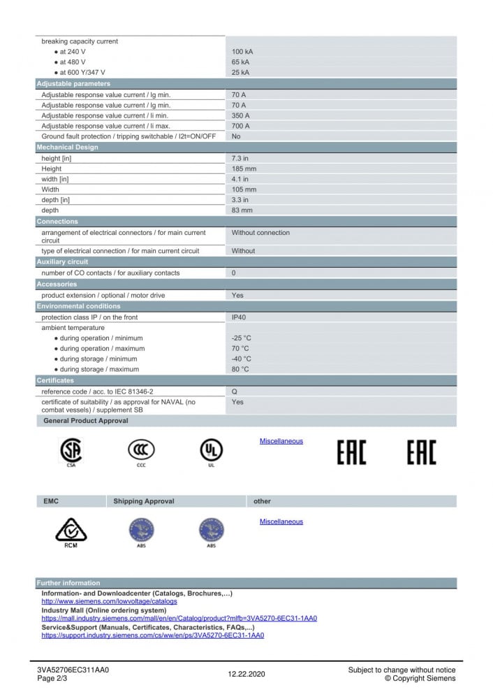 3VA5270-6EC31-1AA0 technical document page 2