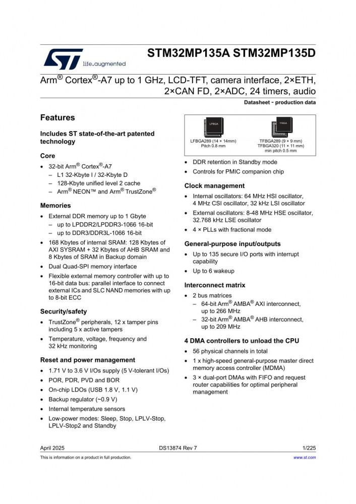STM32MP135A technical document page 1