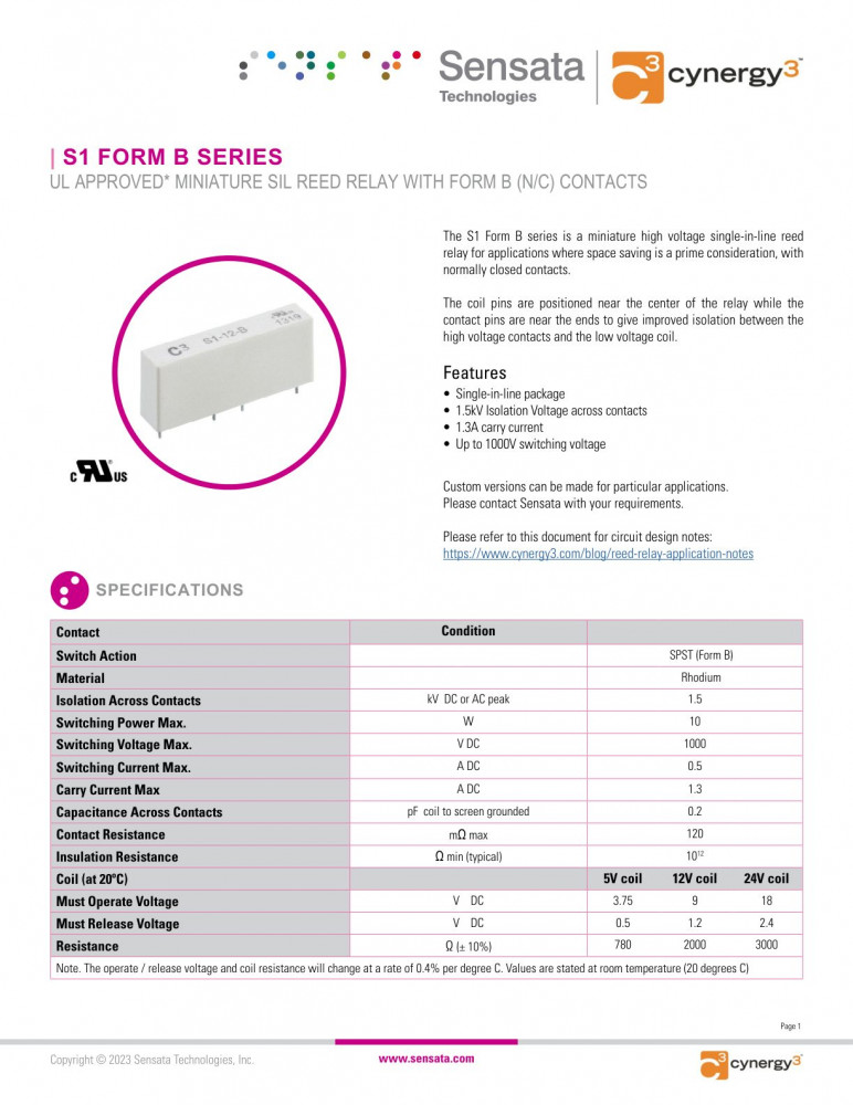 Sensata S1 Form B series technical document page 1