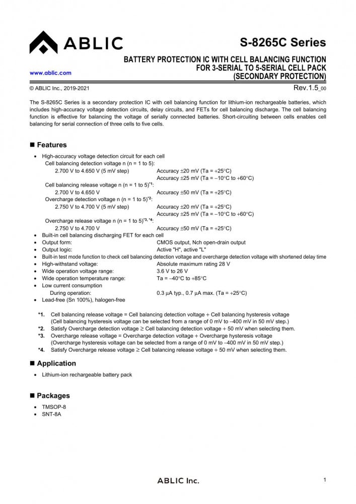 ABLIC S-8265C Series datasheet page 1