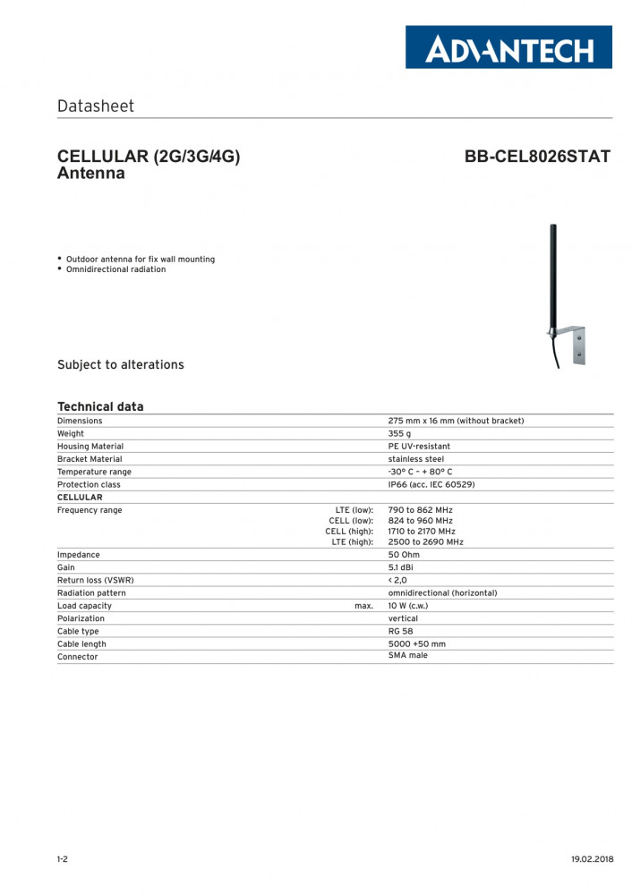 BB-CEL8026STAT cellular antenna datasheet image, page 1