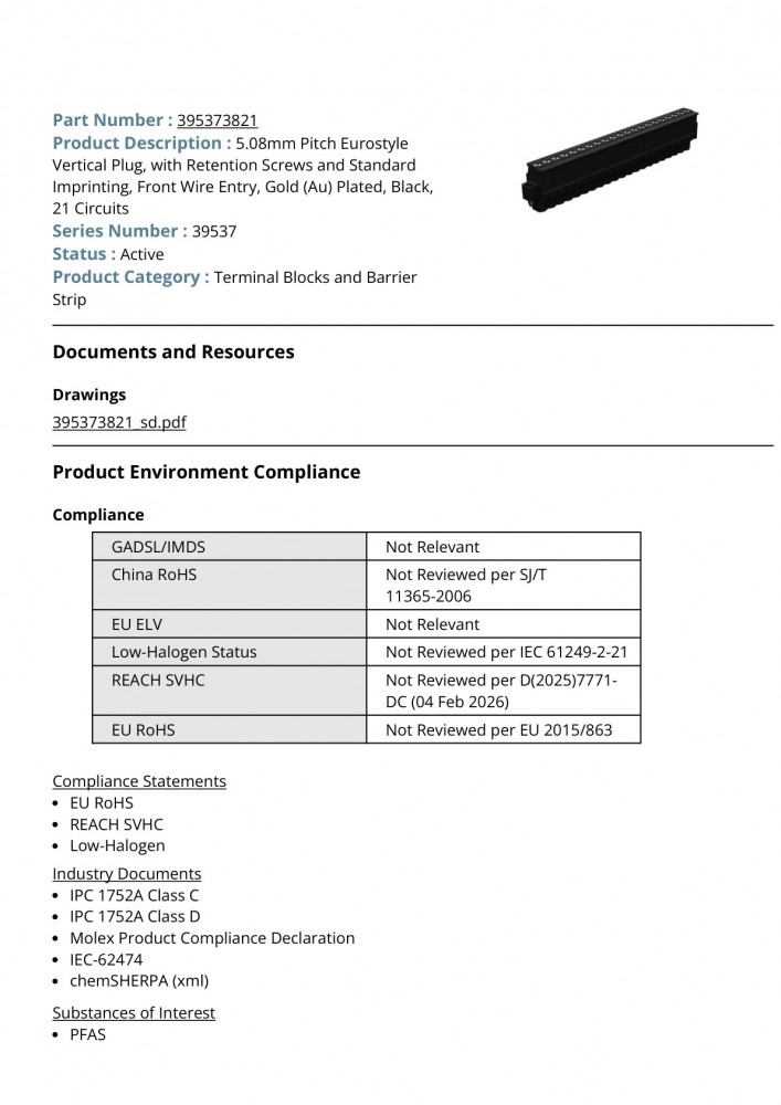 MOLEX 39537 series product drawing, page 1