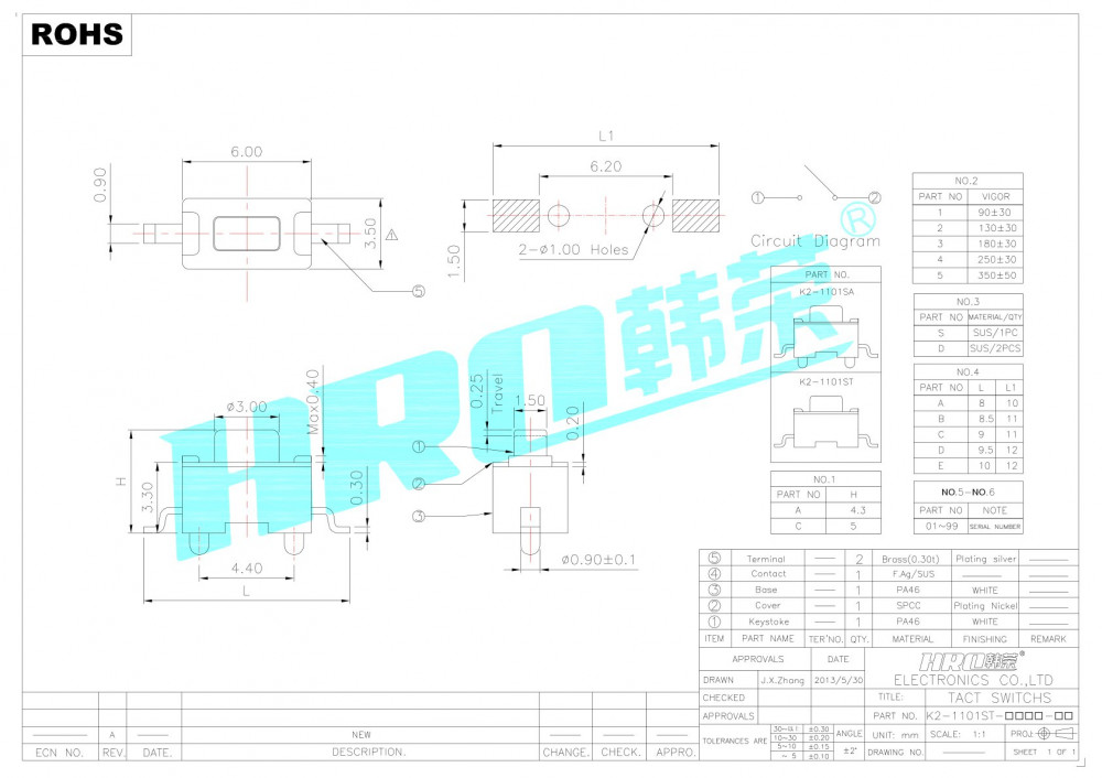 K2-1101ST tactile switch technical drawing