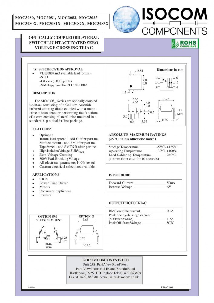 ISOCOM MOC308 series datasheet page 1