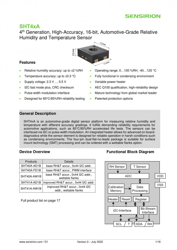 SHT41-AD1B-R2 technical document page 1