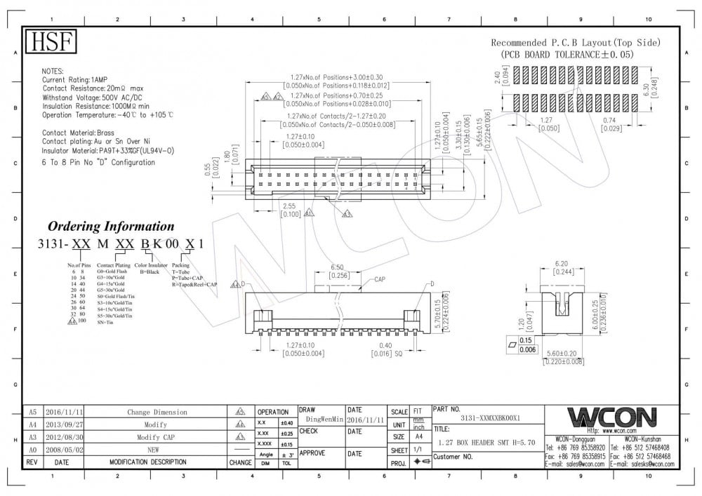 Wcon 3131 series 1.27 mm SMT box header drawing