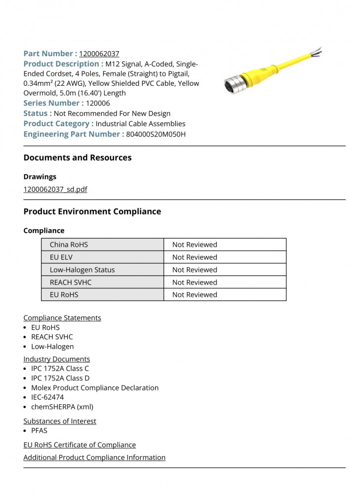 MOLEX M12 cordset product drawing, page 1