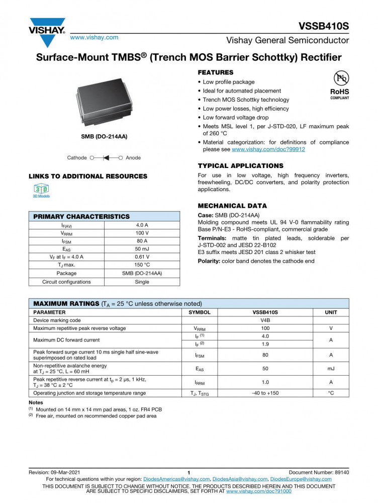 VSSB410S-E3/5 datasheet page 1