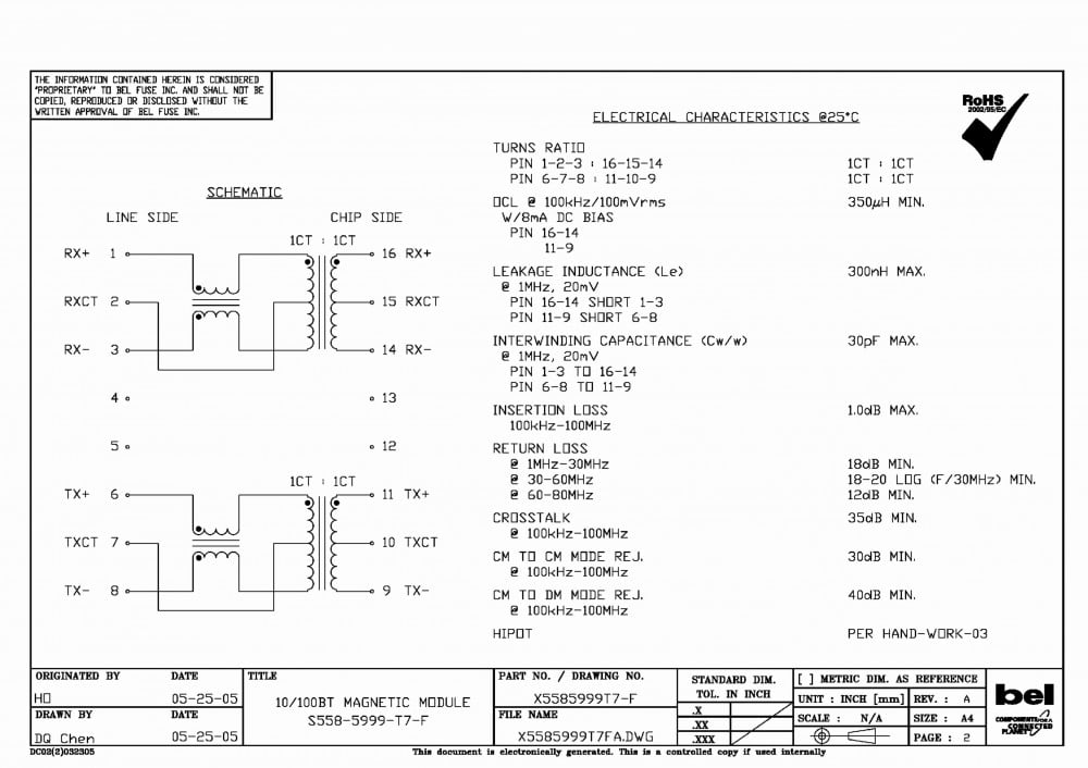 Bel Fuse S558-5999-T7-F magnetic module drawing page 1