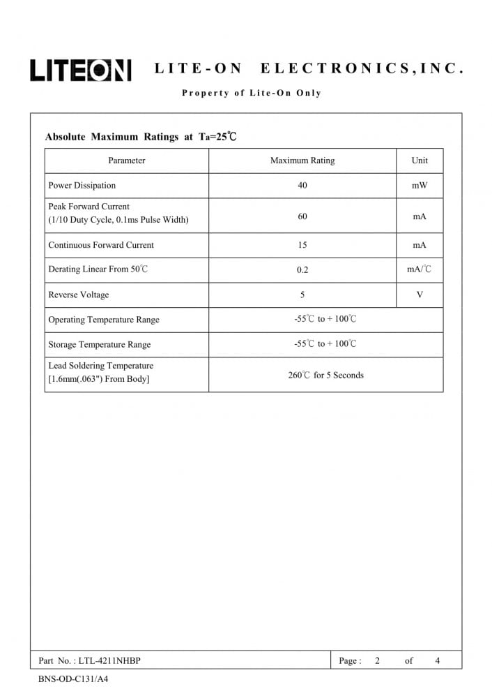 LTL-4211NHBP datasheet page 2