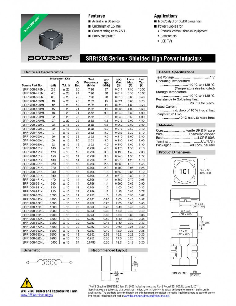 BOURNS SRR1208 Series datasheet page 1