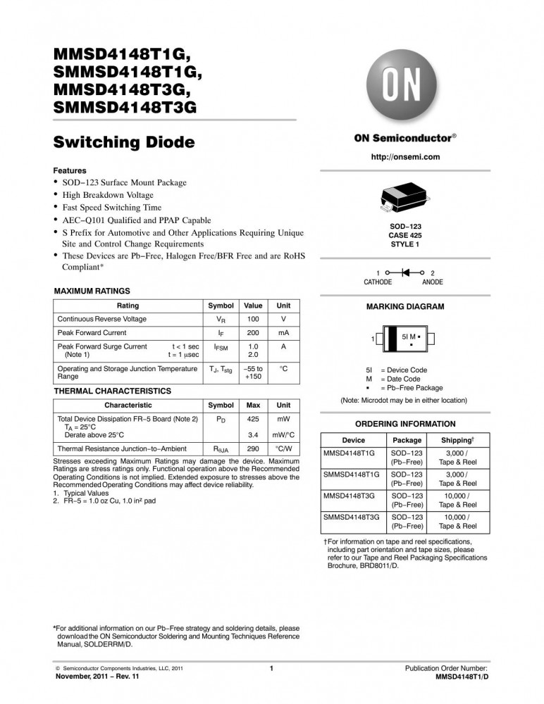 MMSD4148T1G datasheet page 1