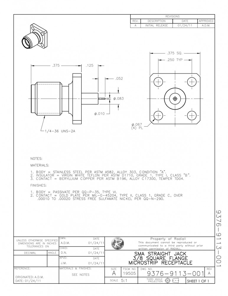Radiall drawing for SMA straight jack 3/8-inch square flange microstrip receptacle, model 9376-9113-001