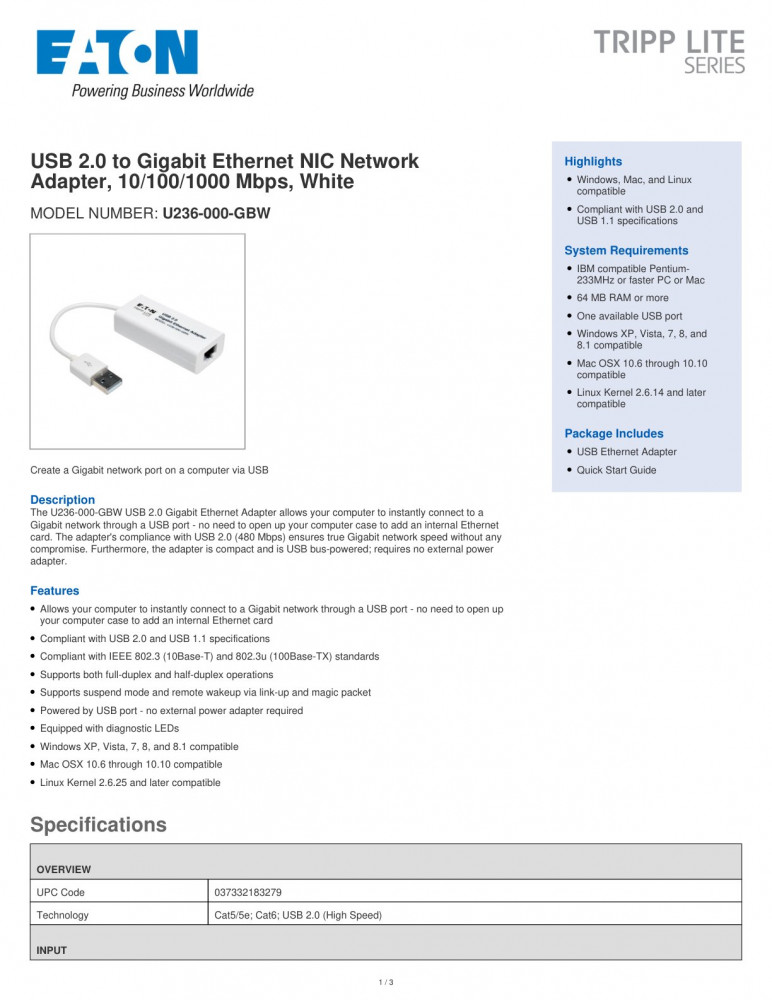 U236-000-GBW product document page 1
