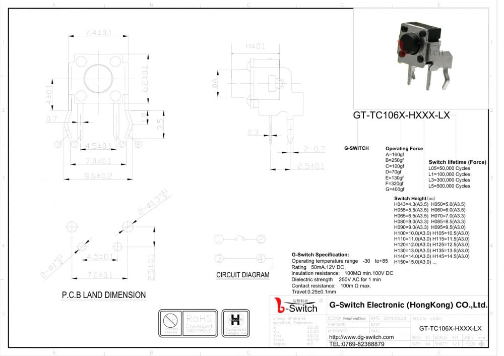 G-Switch GT-TC106F-H043-L1 technical drawing and specification