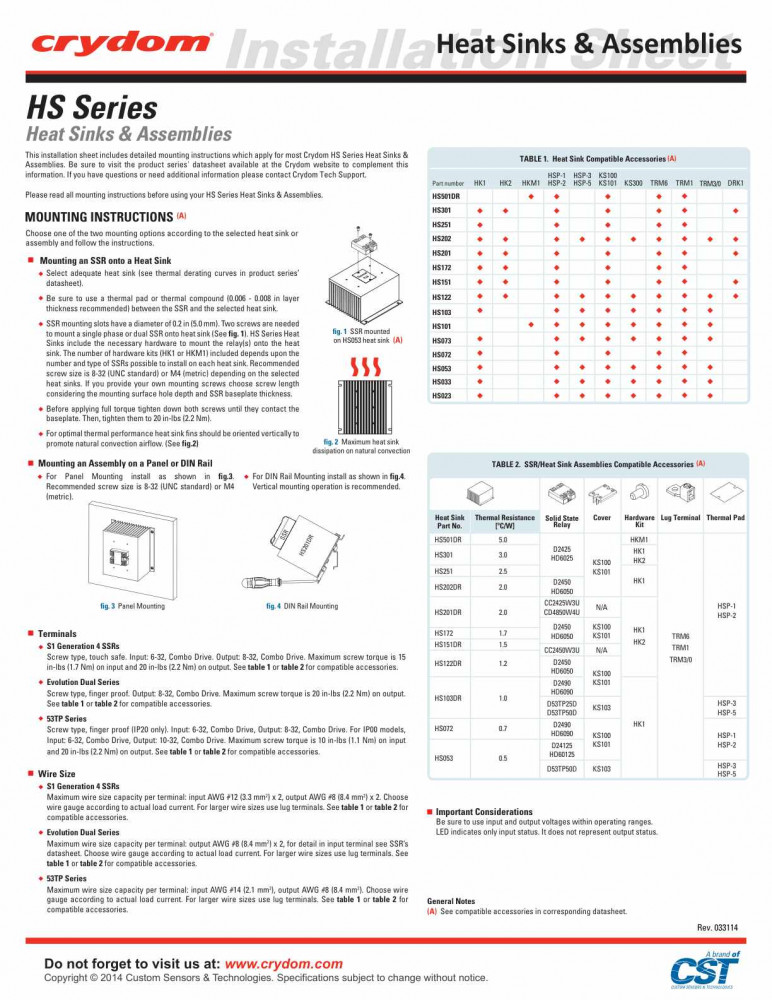 Sensata Crydom HS Series installation sheet page 1