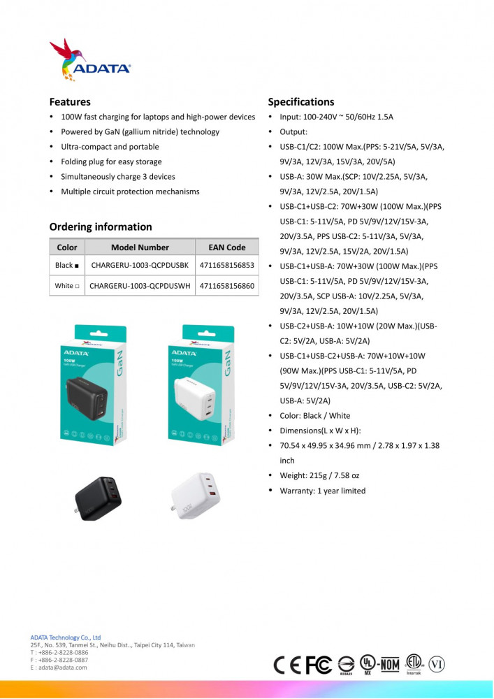 ADATA 100W GaN USB Charger document page 3